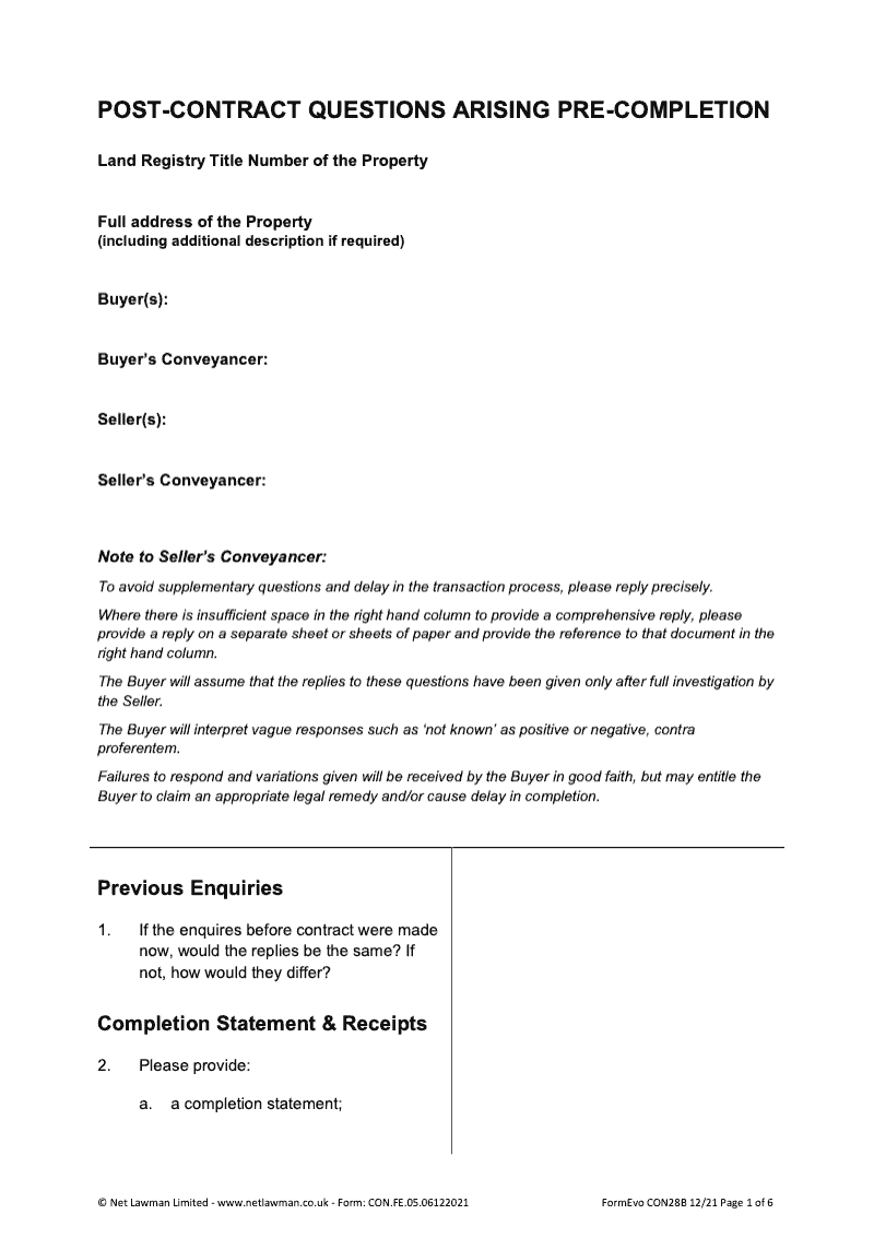 CON28B Post-Contract Questions Arising Pre-Completion [RT28V]